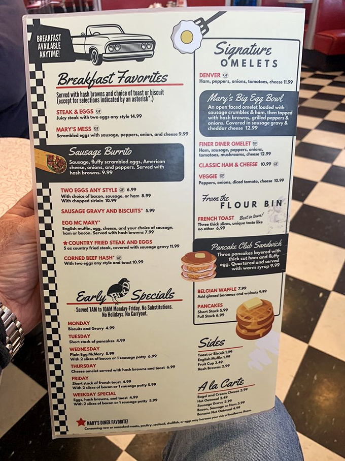 The menu at Mary's reads like a love letter to American comfort food, with that French toast practically winking at you from the page.
