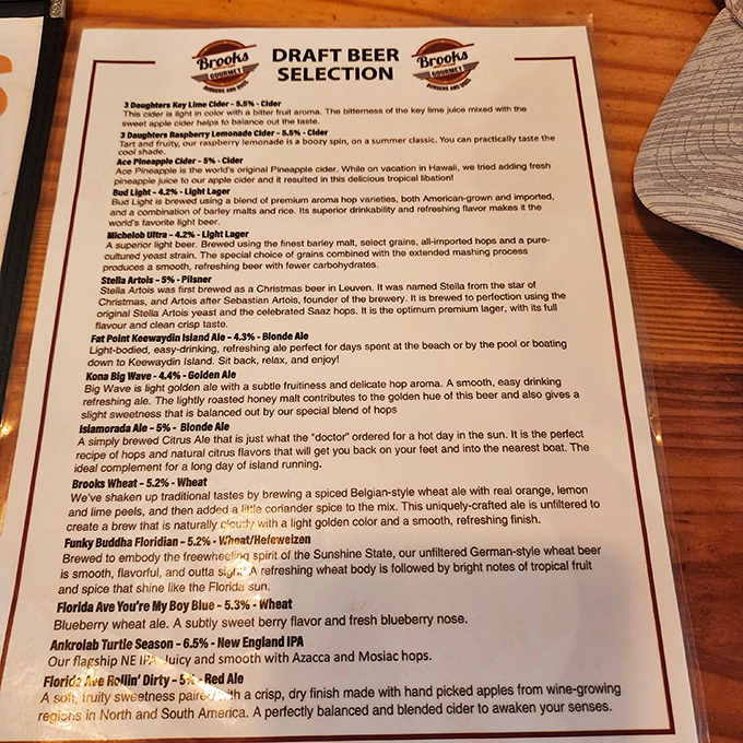 The beer menu reads like a love letter to craft brewing, with Florida favorites sharing space with international classics.