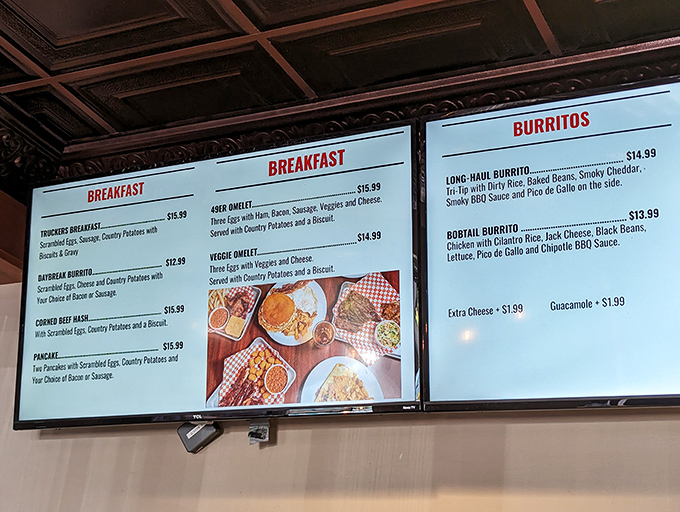 The menu board reads like a love letter to American classics. Breakfast all day? That's not just convenient&mdash;that's civilization.