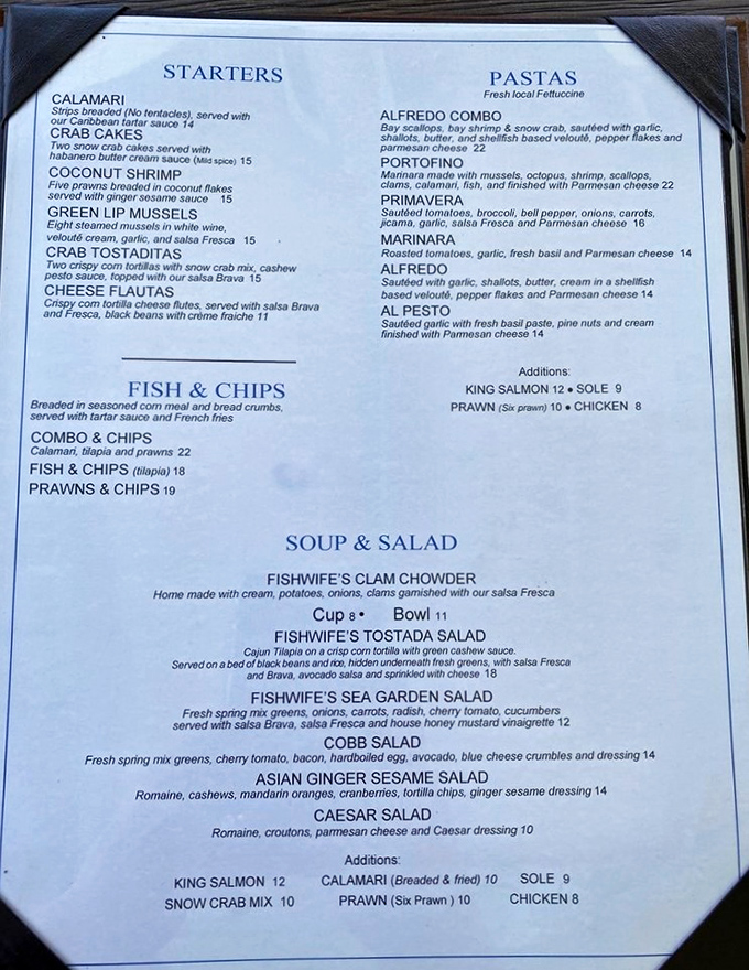 A menu that reads like poetry to seafood lovers. Each description is a little love letter to the ocean's bounty.