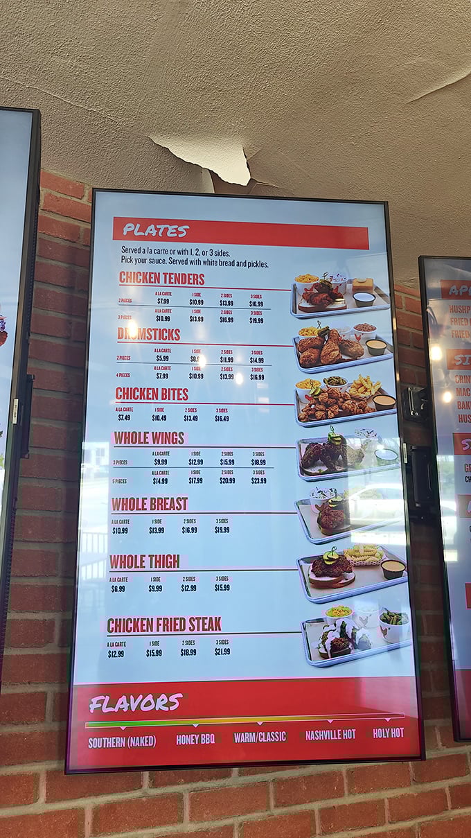 Decision time at the flavor crossroads. From "Southern" for the tender-tongued to "Holy Hot" for those with asbestos palates, your chicken adventure awaits.