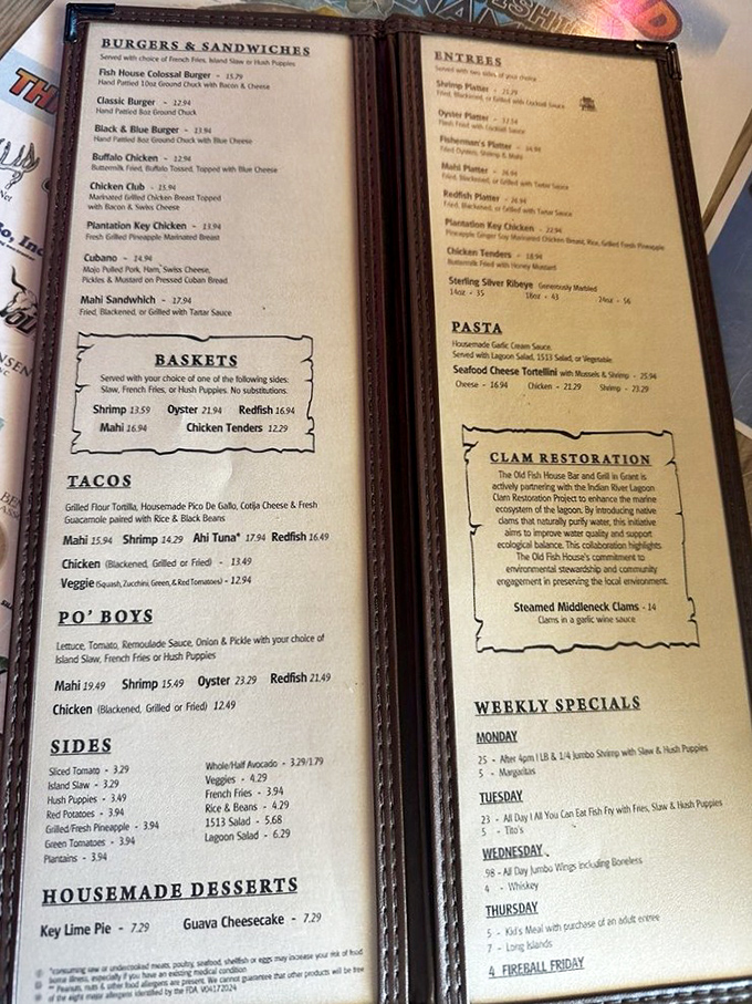 The menu reads like a love letter to Florida's waters&mdash;no pretentious descriptions, just honest seafood prepared with respect and skill.