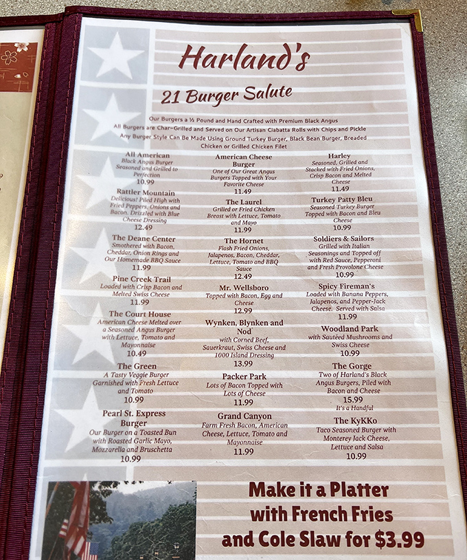 The "21 Burger Salute" menu reads like a love letter to local landmarks. Each burger is a delicious geography lesson.