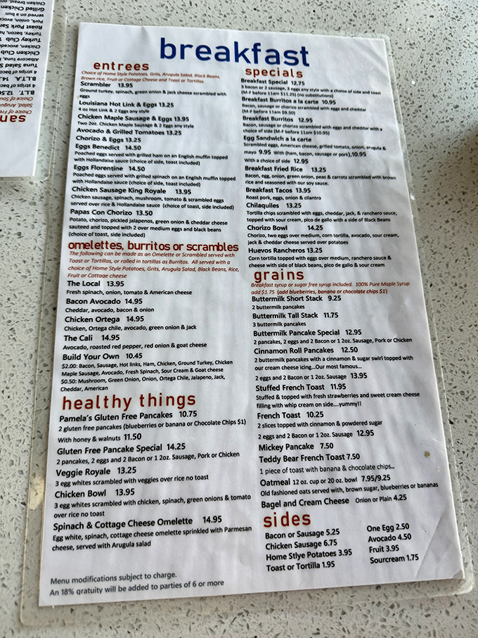 A menu that reads like a love letter to breakfast, with everything from classic pancakes to California-inspired egg creations.