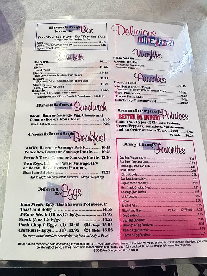 The menu reads like a love letter to American breakfast classics, from omelets named after Hollywood icons to "Lumberjack Potatoes" that could fuel a day of beach adventures.