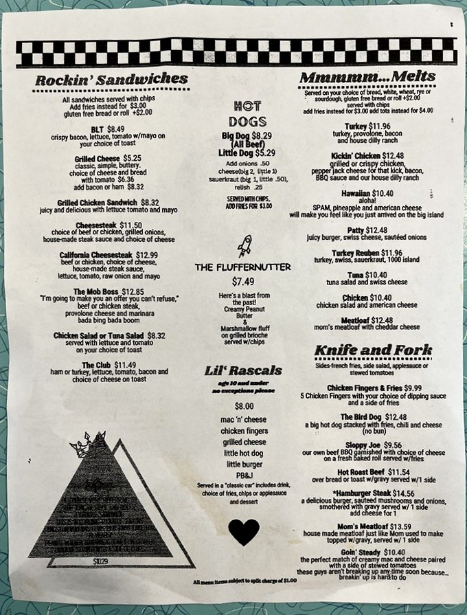 This menu isn't just a list of food&mdash;it's a roadmap to happiness with "Rockin' Sandwiches" and "Mmmmm...Melts" that would make the Fonz give a thumbs up.