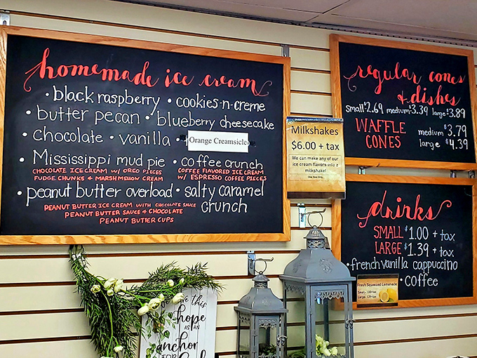 Hand-painted menus reveal homemade ice cream flavors that sound like childhood dreams come true.