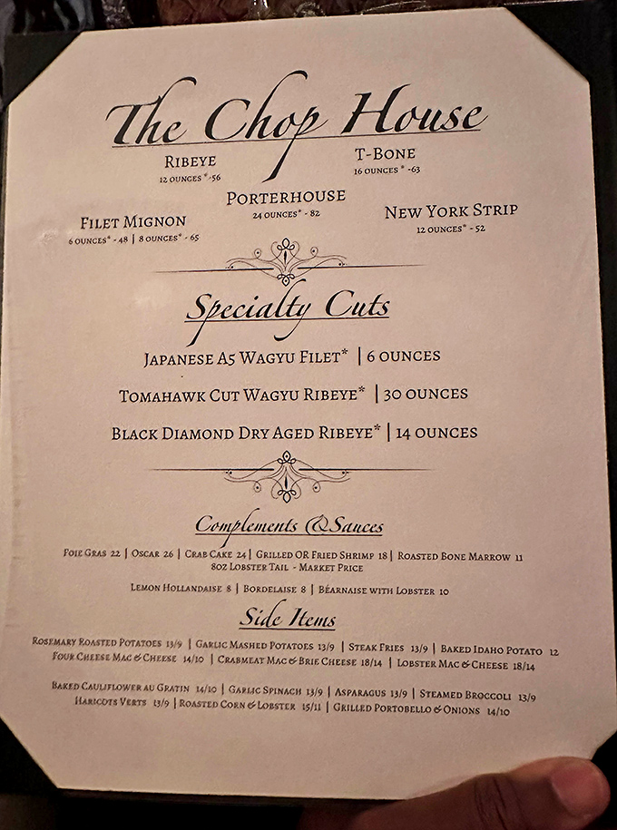 This isn't just a menu&mdash;it's a roadmap to happiness. The specialty cuts section reads like poetry to steak lovers who understand that greatness requires no explanation.