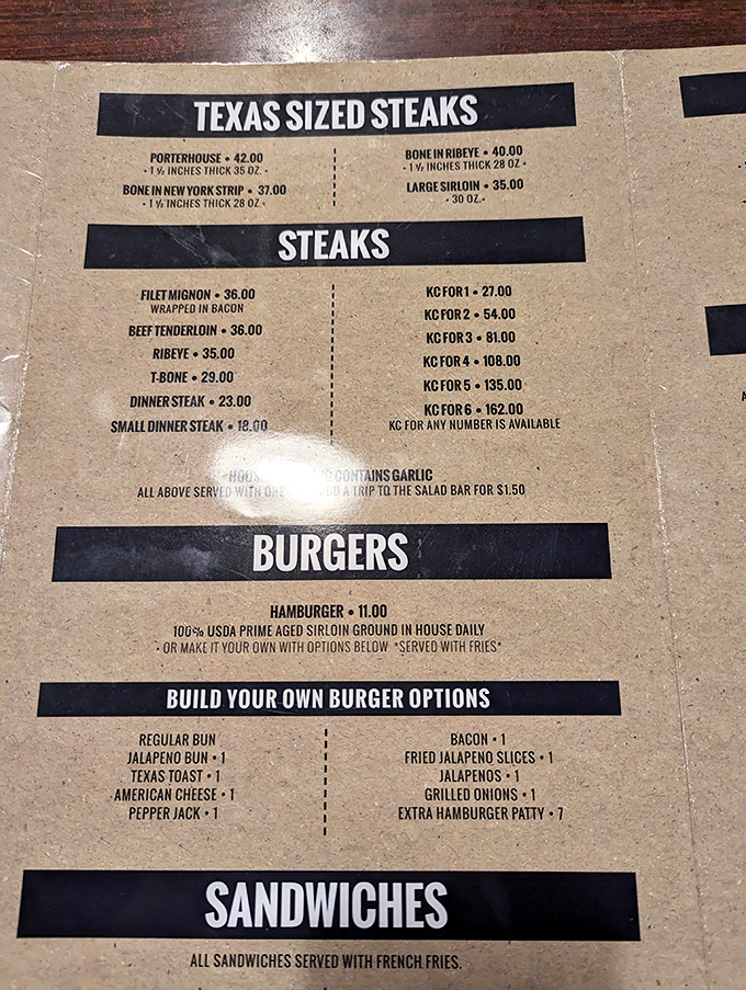 A menu that gets straight to the point: Texas-sized steaks that could feed a small village, with options for every carnivore's dream.