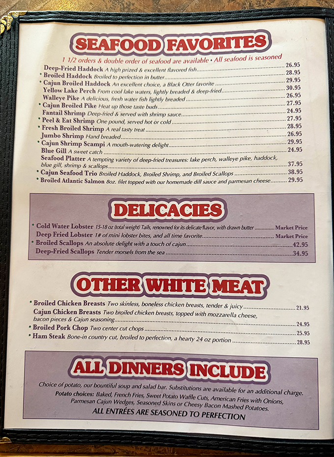 This menu isn't just a list of options—it's a declaration that seafood in the Midwest can indeed be spectacular.