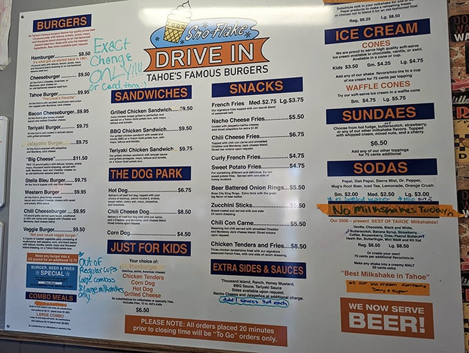 Decision paralysis has never been so delicious. The menu board offers everything from classic burgers to "The Dog Park" specialties, with the bold claim of "Best Milkshake in Tahoe."
