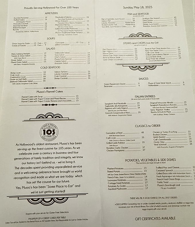 This isn't just a menu &ndash; it's a historical document. Classic dishes that have satisfied Hollywood's elite for generations await your selection.