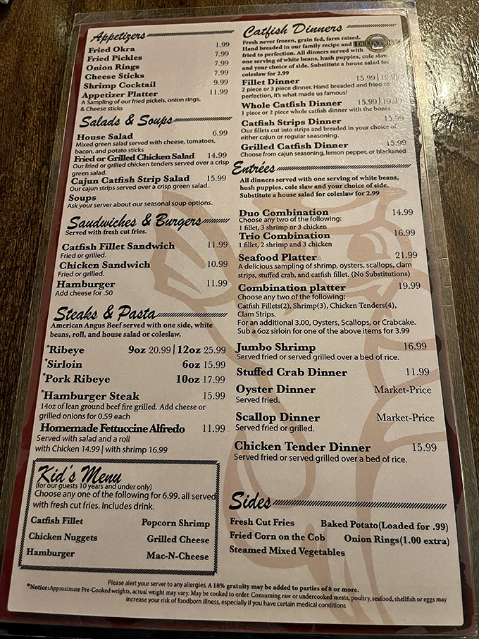 A menu that doesn't need fancy fonts or pretentious descriptions&mdash;just honest food that speaks for itself. The catfish has plenty to say.