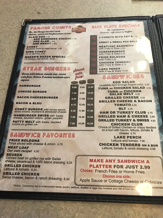 No QR codes here! This physical menu is a roadmap to comfort food paradise, with the famous coneys leading the way.
