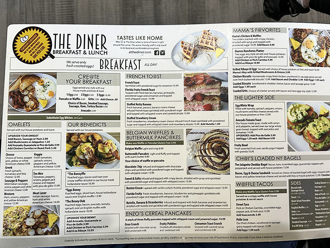 A menu that reads like a love letter to breakfast classics. The waffle taco section alone is worth framing for posterity.