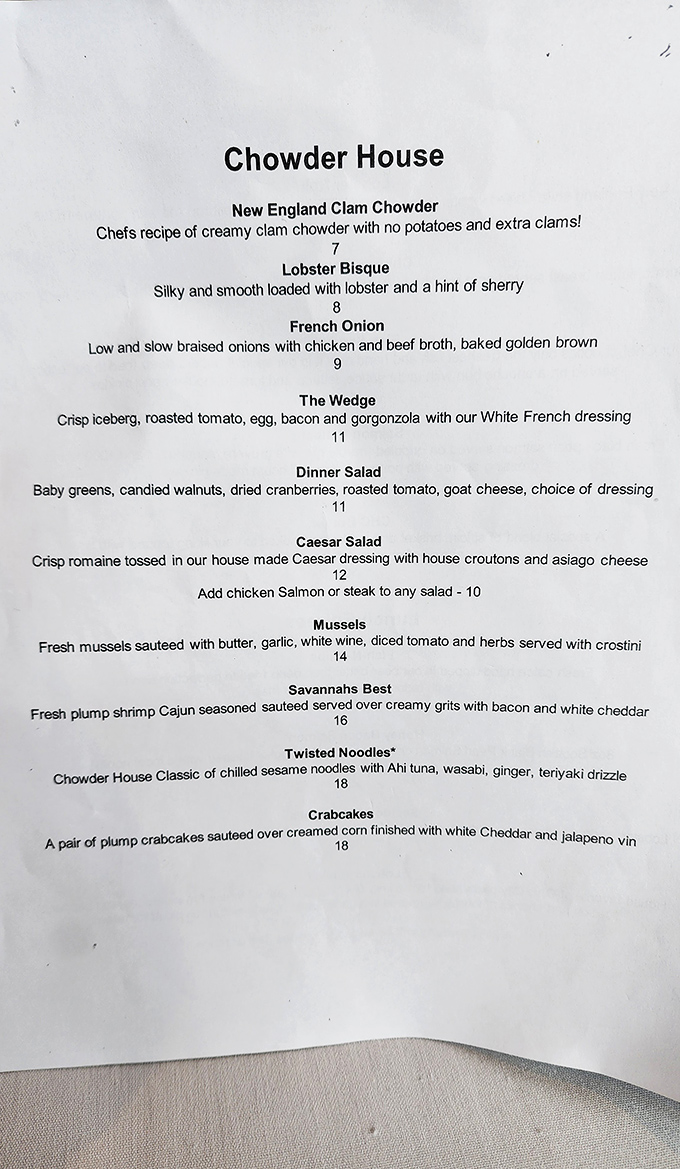 This menu reads like poetry for seafood lovers &ndash; notice the "no potatoes, extra clams" promise that separates true chowder aficionados from the pretenders.