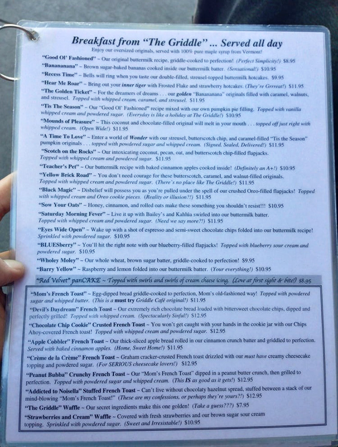This menu reads like a fantasy novel where every character is delicious. "Black Magic" pancakes? Someone call the breakfast police!