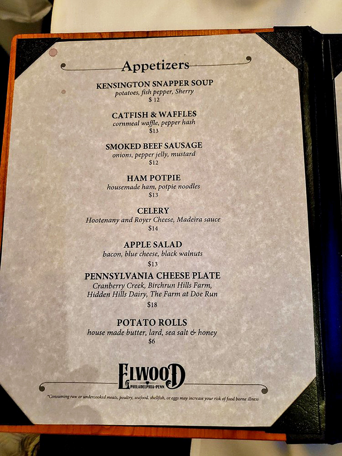 This isn't just a menu; it's a love letter to Pennsylvania's culinary heritage. From Kensington Snapper Soup to Catfish & Waffles, each dish tells a delicious local story.