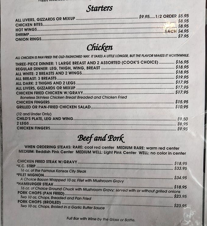 The menu doesn't mince words: "All chicken is pan-fried the old-fashioned way. It takes longer, but the flavor makes it worthwhile." Truth in advertising!