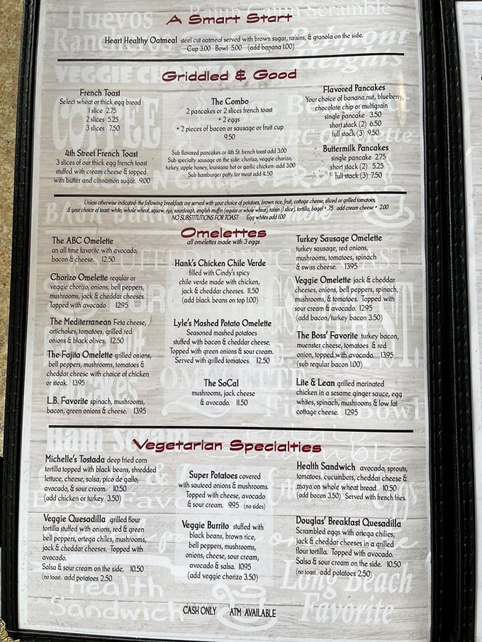 This menu is like a roadmap to happiness. "Lyle's Mashed Potato Omelet" isn't just breakfast&mdash;it's morning therapy with a side of home fries.