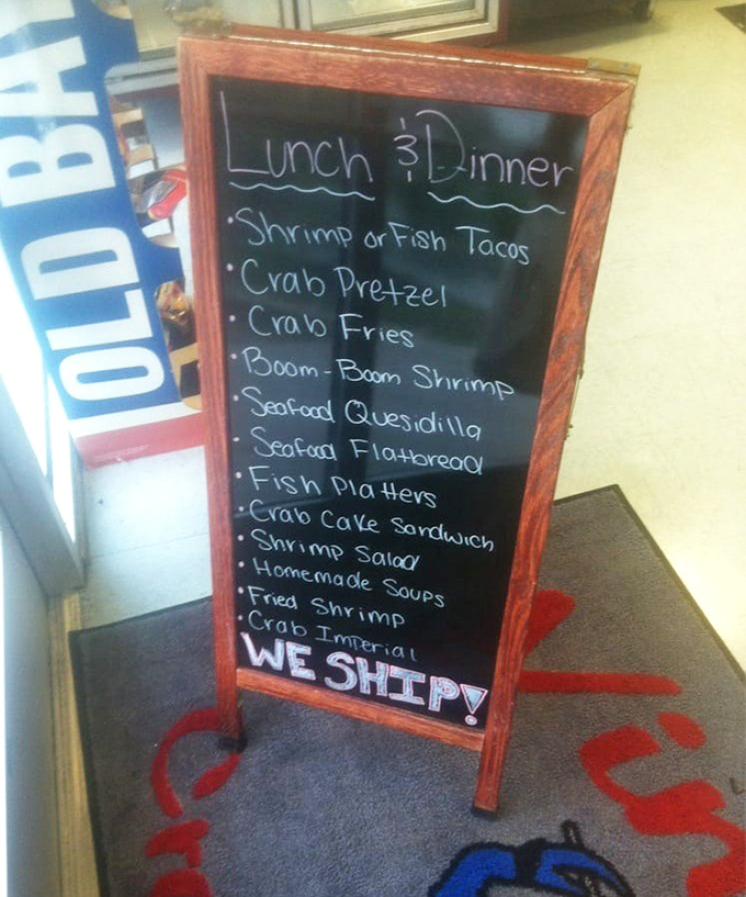 When a chalkboard boldly declares "WE SHIP," you know they're confident about their seafood game.
