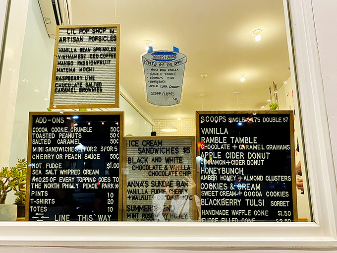 This menu board reads like poetry to dessert lovers&mdash;each flavor a promise, each sandwich an adventure waiting to happen. 