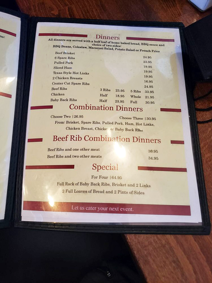 This menu reads like a love letter to Texas barbecue, featuring every smoky treasure your taste buds crave. 