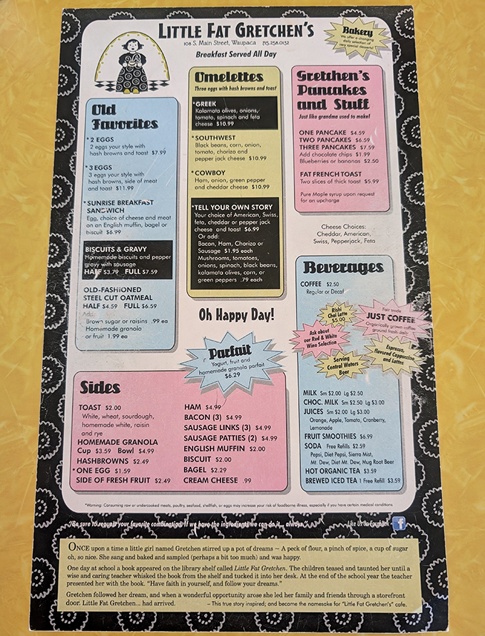 This menu isn't just food options—it's a storybook. Note the tale of Little Fat Gretchen at the bottom, adding flavor beyond the ingredients.