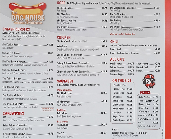 A menu that reads like poetry to comfort food lovers. Each hot dog creation promises a different journey for your taste buds.