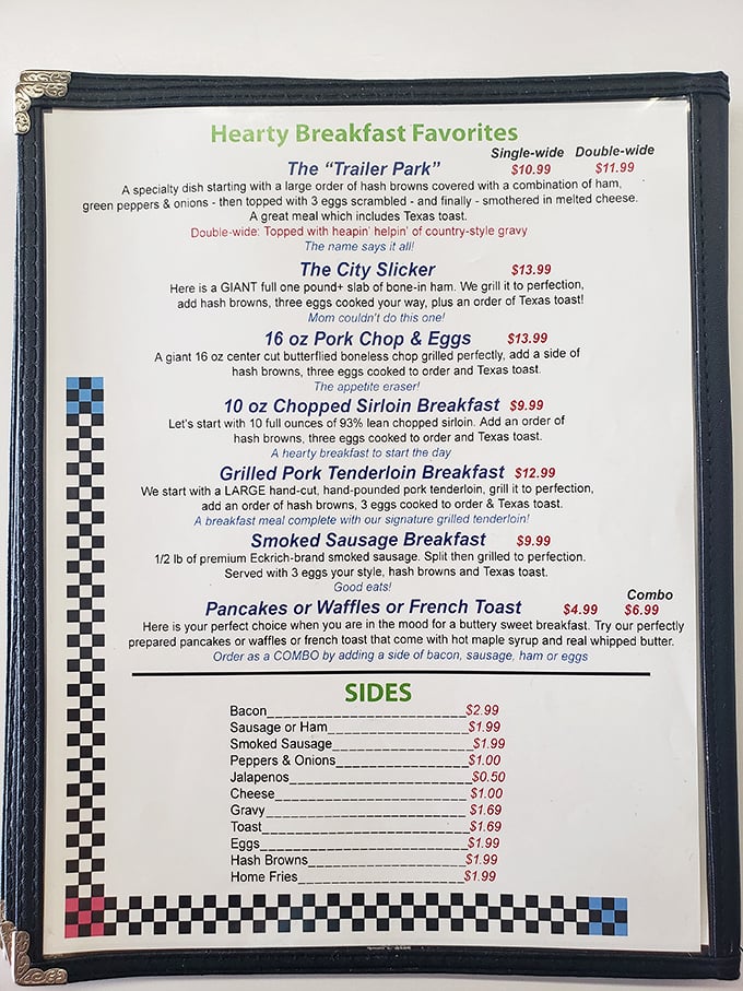 The breakfast menu reads like poetry for the perpetually hungry. "The Trailer Park" isn't where you live&mdash;it's what you eat before napping all afternoon.