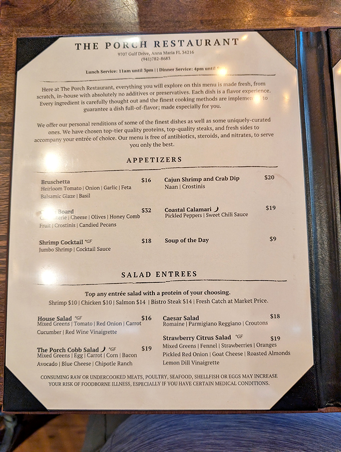 This menu isn't just a list of food&mdash;it's a declaration of culinary principles. "No additives or preservatives" is music to my middle-aged ears.