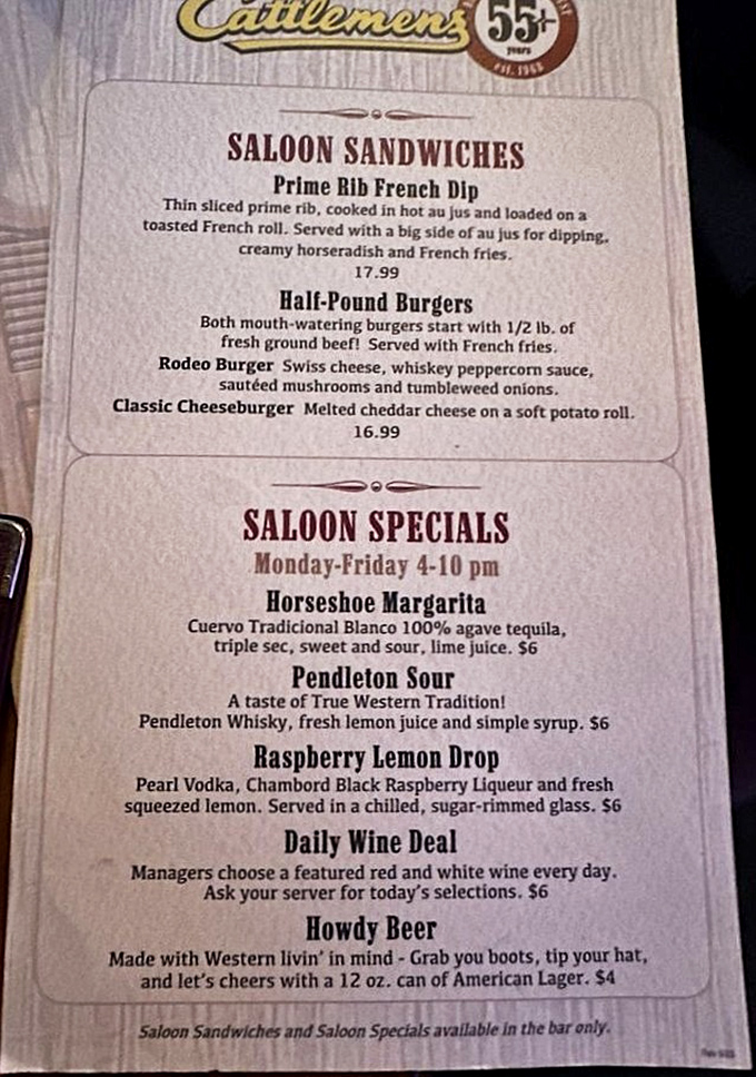 The menu reads like a love letter to comfort food – burgers, cocktails, and sandwiches that speak directly to your inner cowpoke.