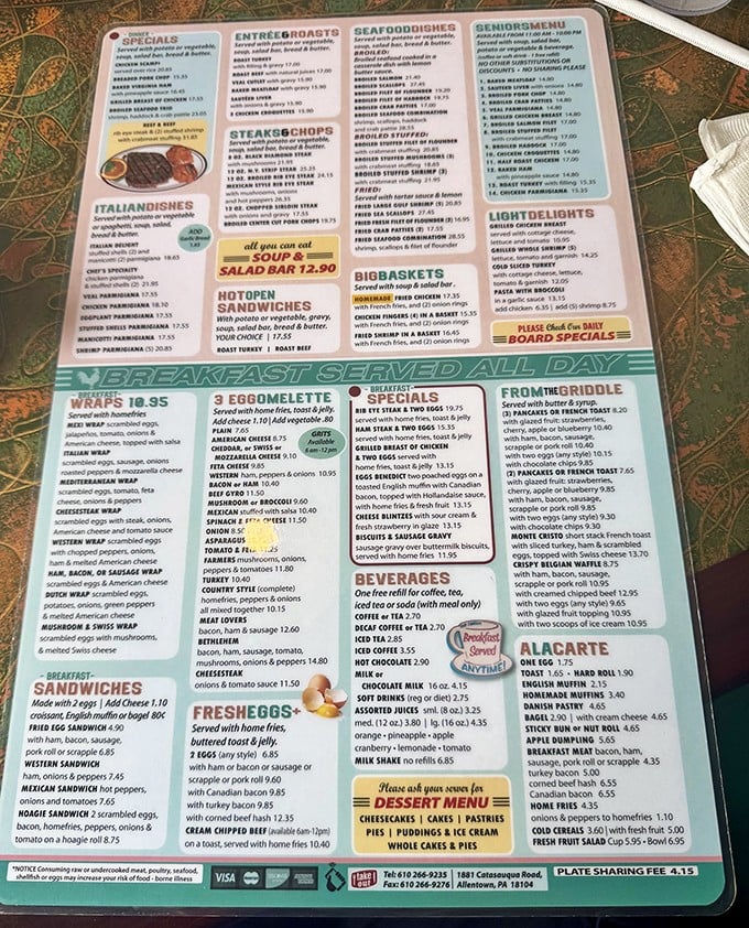 This menu isn't just extensive&mdash;it's a novel of comfort food possibilities. The breakfast section alone requires strategic planning and possibly a map.