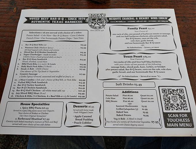 A menu that doesn't need fancy fonts or flowery descriptions—just the straightforward promise of mesquite and hickory-smoked goodness that speaks for itself.