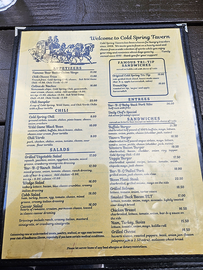 This menu isn't just a list of food&mdash;it's a historical document where "Wild Game Chili" and "Tri-Tip Sandwiches" reveal California's culinary heritage.