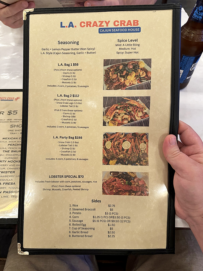 The menu reads like a love letter to seafood enthusiasts—customizable seafood boils with spice levels ranging from "a little sting" to "super hot" for the culinary daredevils.