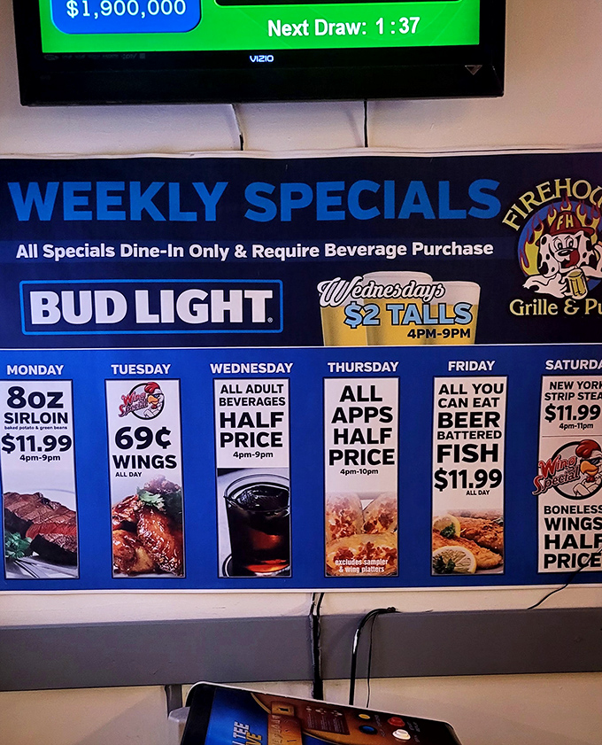 Weekly specials that'll have you planning your entire schedule around them. From Tuesday's wings to Friday's fish fry, there's a bargain for every craving.