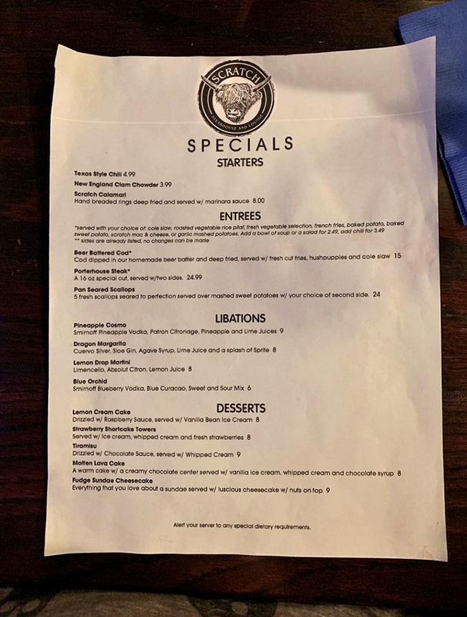 A menu that doesn't need fancy fonts or pretentious descriptions&mdash;just honest food done right. The Highland cattle logo says it all: robust flavor ahead.