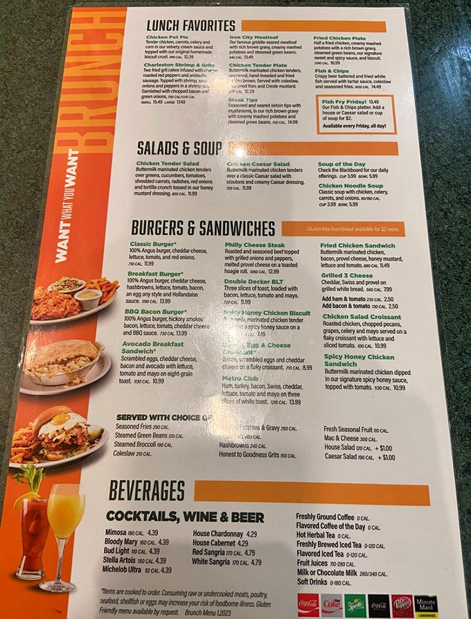 A menu that doesn't just list food&mdash;it offers life choices. Each section is a doorway to comfort that your grandmother would approve of.