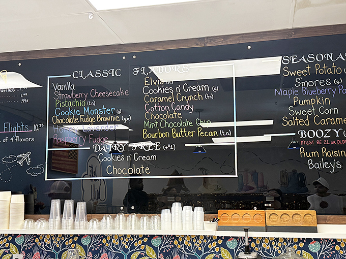 The chalkboard menu reads like a love letter to frozen dairy devotees. Decision paralysis has never been so delicious.