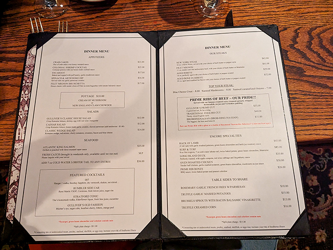 The menu reads like a love letter to carnivores, with prime rib taking center stage in this culinary drama.