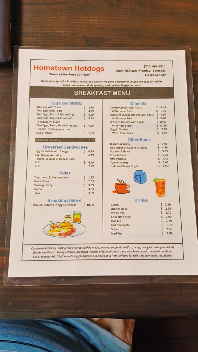 A menu where nothing requires a dictionary or a loan officer. The breakfast prices alone might make you think you've time-traveled back to 1995.