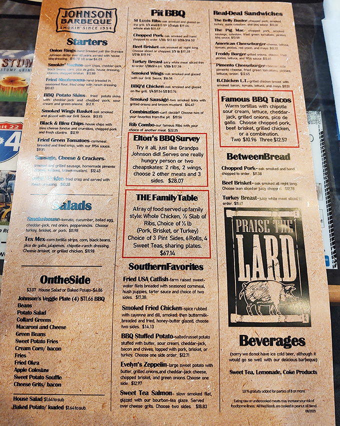 This menu isn't just a list&mdash;it's a roadmap to happiness. "Elton's BBQ Survey" and "The Family Table" aren't just meal options, they're invitations to a flavor party.