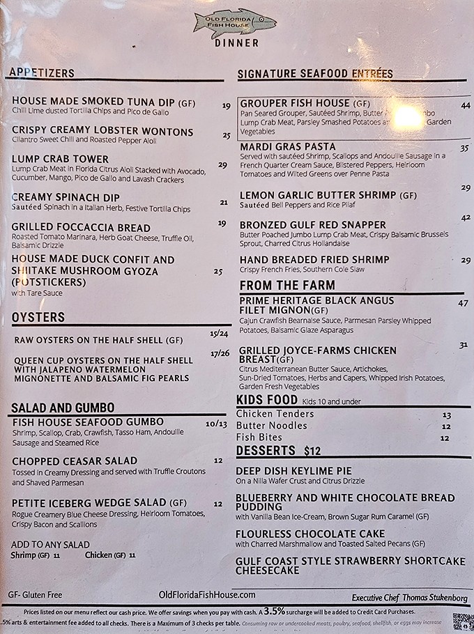 A menu that reads like poetry for seafood lovers. Each dish promises Gulf-fresh ingredients prepared with reverence for Florida's coastal bounty.