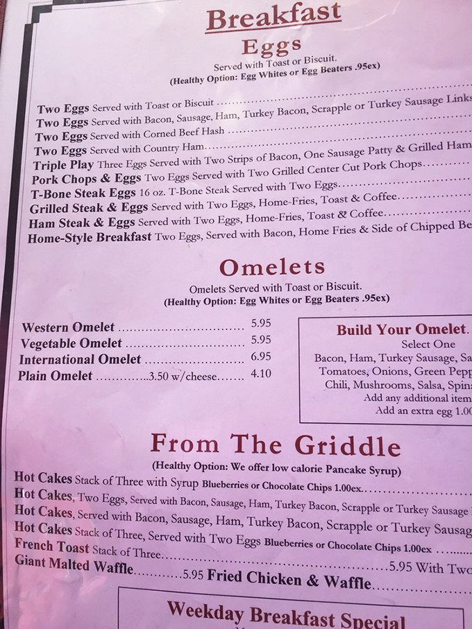 The breakfast menu reads like poetry to the hungry soul&mdash;no fancy descriptions needed when "Two Eggs with Toast" says everything that matters.