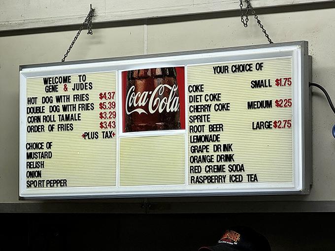 The menu board at Gene & Jude's is a masterclass in simplicity. Four food items, some drinks, and absolutely zero pretension.