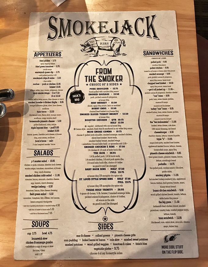 The menu reads like a love letter to smoked meats, with the "Texas Holy Trinity" promising a religious experience for true barbecue believers.