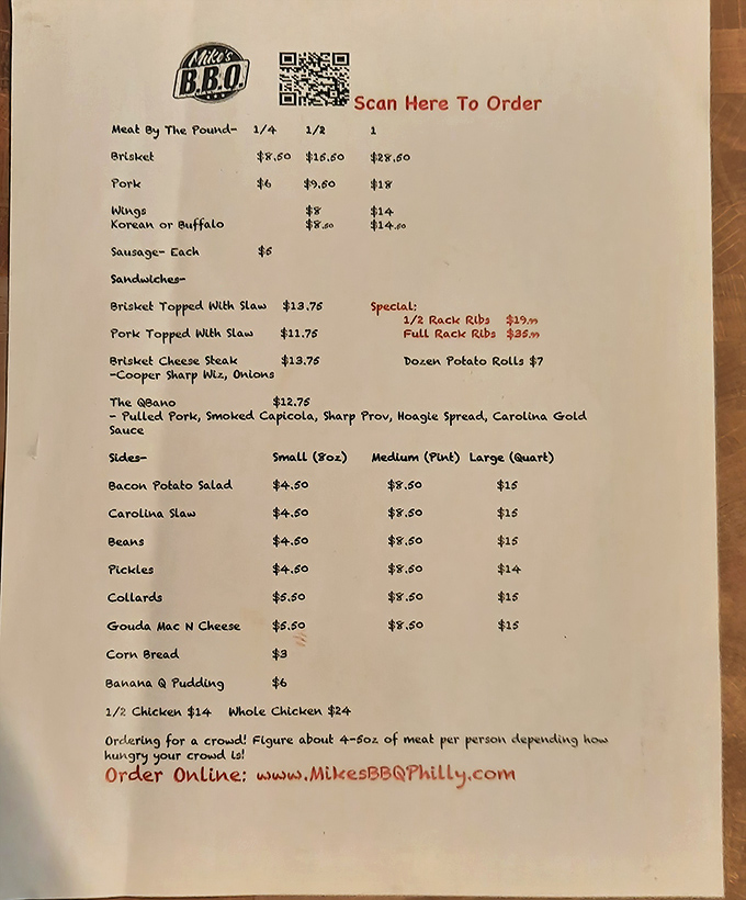 A menu that gets straight to the point: meat by the pound, sandwiches that demand two hands, and sides that refuse to be afterthoughts.