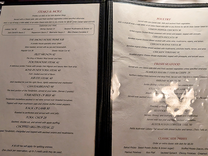 This menu reads like a greatest hits album of American steakhouse classics—no foams or tiny portions, just hearty, satisfying food.