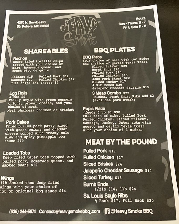 A menu that reads like barbecue poetry&mdash;shareables, plates, and meat by the pound. Notice there's no salad section? That's how you know it's the real deal.